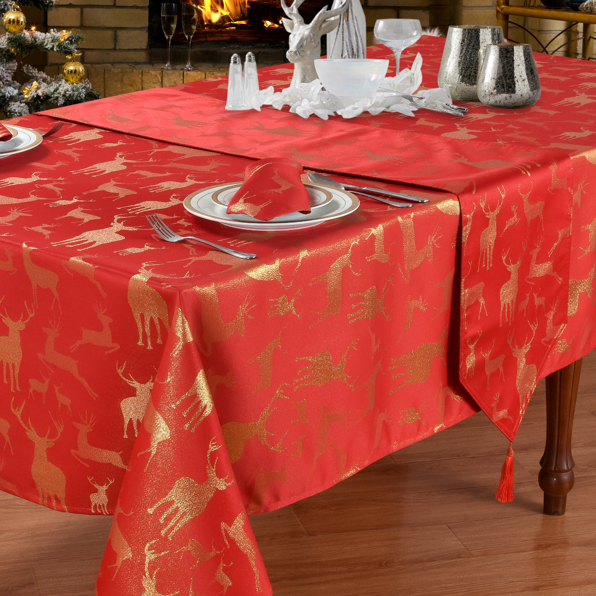Large Stag Red Gold Christmas Table Cloth Range Crimson Yellow Elegant Home